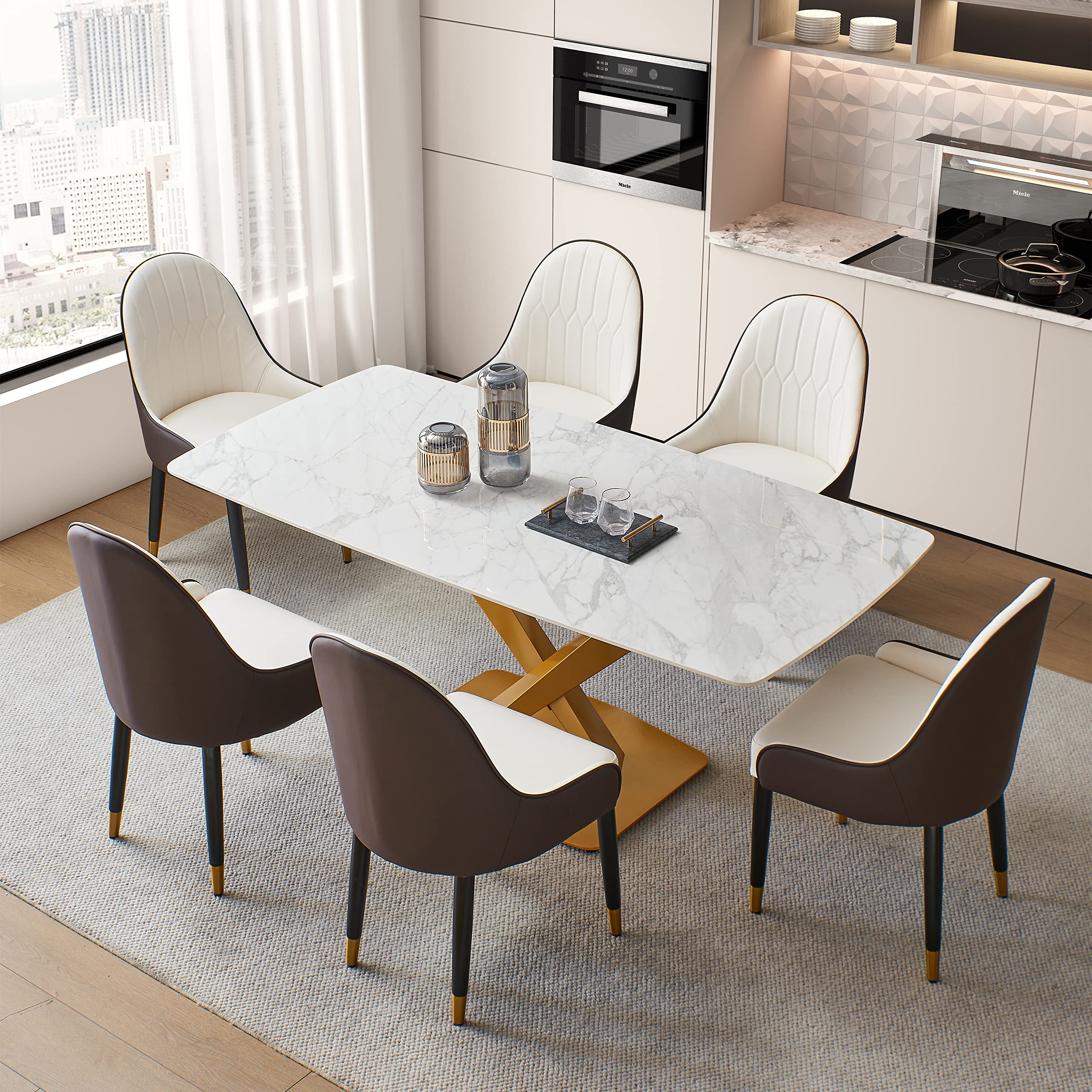 HomSof Dining Chair with PU Leather Solid Wood Metal Legs (Set of 2), 2 Pieces, White+Gold+Brown