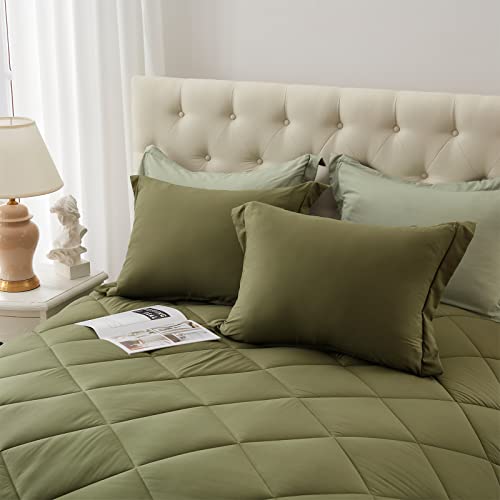 NexHome Queen Comforter Set - Olive Green Comforter Queen Size Bedding Set - Soft Reversible Down Alternative Full Size Comforter Bed Set 3 Pieces 1 Comforter (88"x88") + 2 Pillow Shams (20"x26")