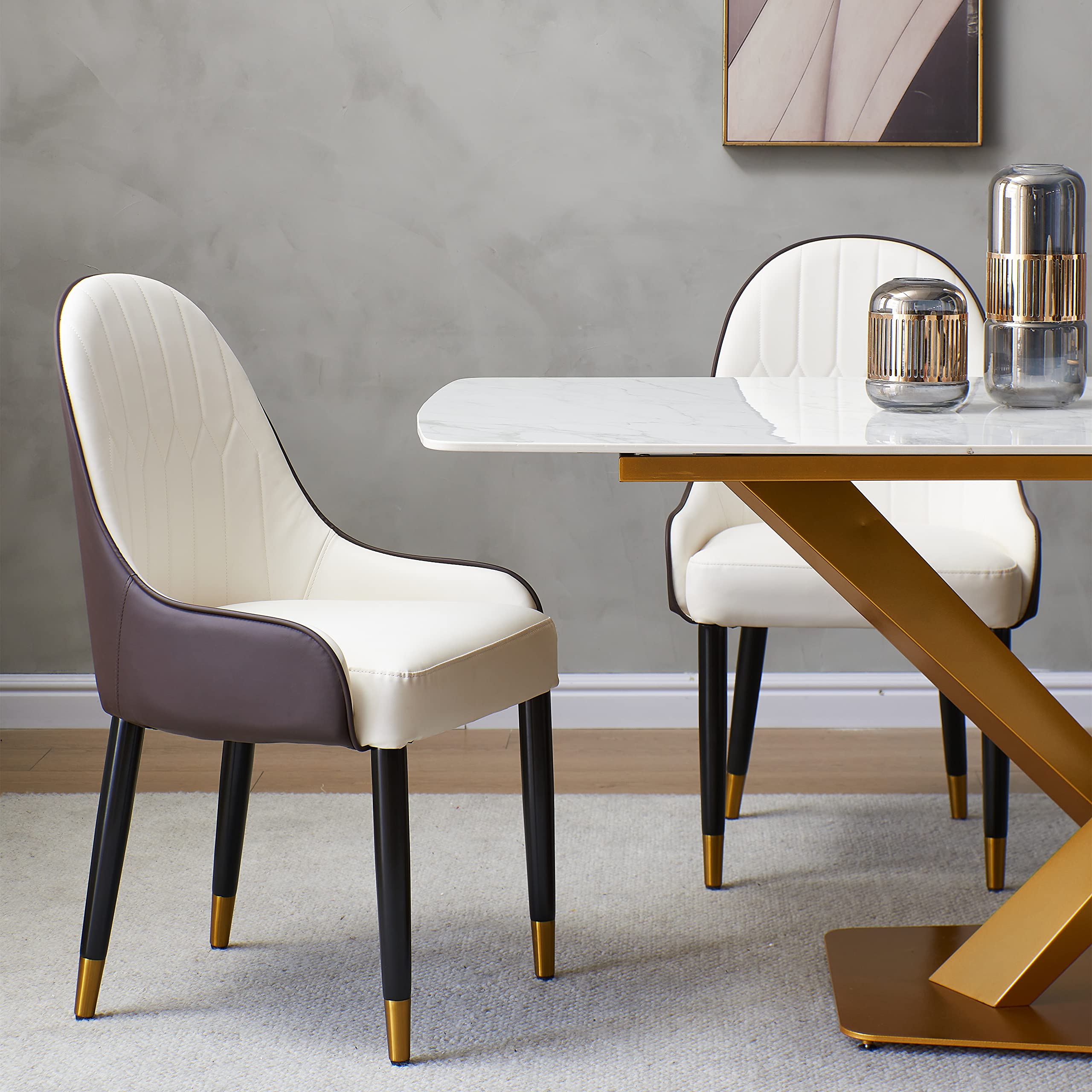 HomSof Dining Chair with PU Leather Solid Wood Metal Legs (Set of 2), 2 Pieces, White+Gold+Brown
