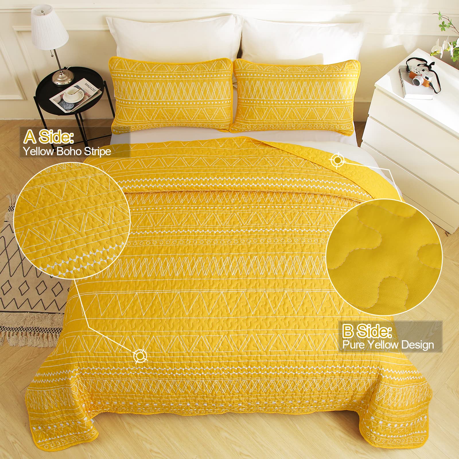 WONGS BEDDING Yellow Boho Quilt Set Queen,3 Pieces Reversible Mustard Stripe Quilt with 2 Pillowcases Bohemian Bedspread Bedding Set Microfiber Quilted Coverlet Set for All Seasons Queen (90"×96")