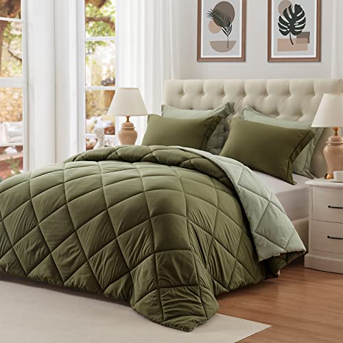 NexHome Queen Comforter Set - Olive Green Comforter Queen Size Bedding Set - Soft Reversible Down Alternative Full Size Comforter Bed Set 3 Pieces 1 Comforter (88"x88") + 2 Pillow Shams (20"x26")