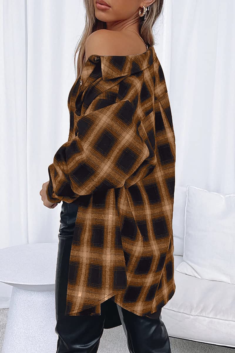 CHYRII Womens Button Down Flannel Shirts Long Sleeve Plaid Shacket Business Casual Tops Brown XL