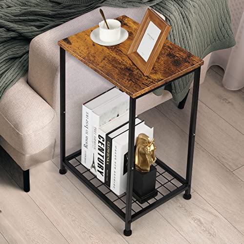 DOMYDEVM Nightstand Set of 2, 2 Tier Small End Table with Open Storage Shelf, Industrial Side Bedside for Bedroom Living Room Office Farmhouse, Rustic Brown and Black