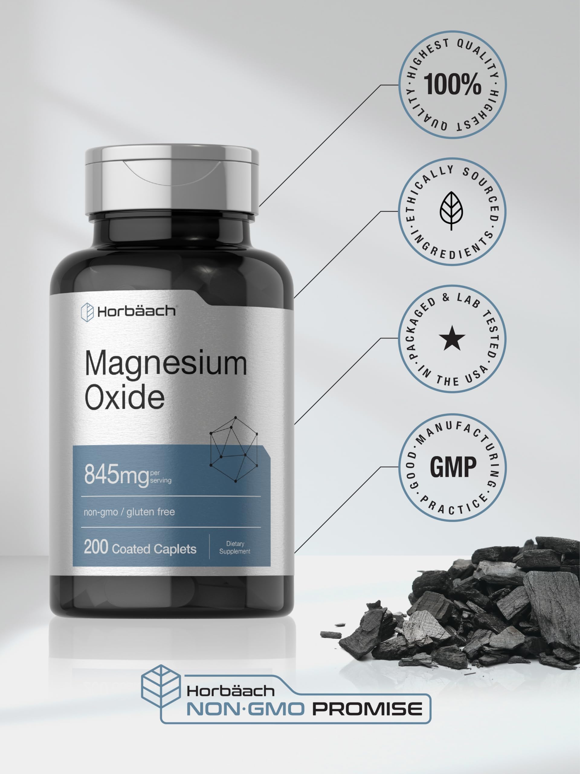Horbäach Magnesium Oxide | 845 mg | 200 Coated Caplets | Vegetarian, Non-GMO, and Gluten Free Supplement