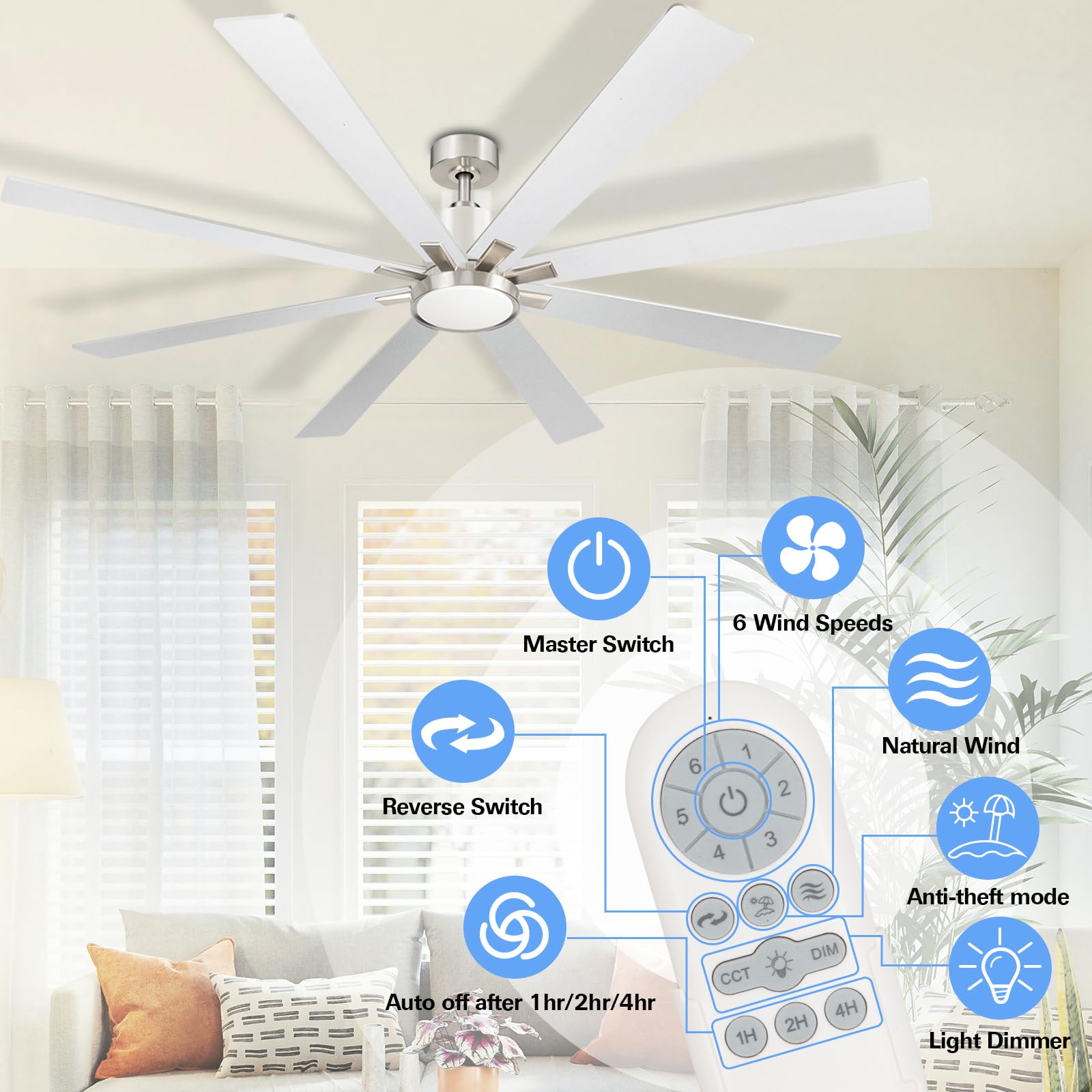 hykolity 72 Inch Indoor Ceiling Fans with Lights and Remote Control,Quiet Indoor Reversible DC Motor Ceiling Fan,8 Blades, Dimmable, 5CCT,6-Speed Ceiling Fan -Brushed Nickel