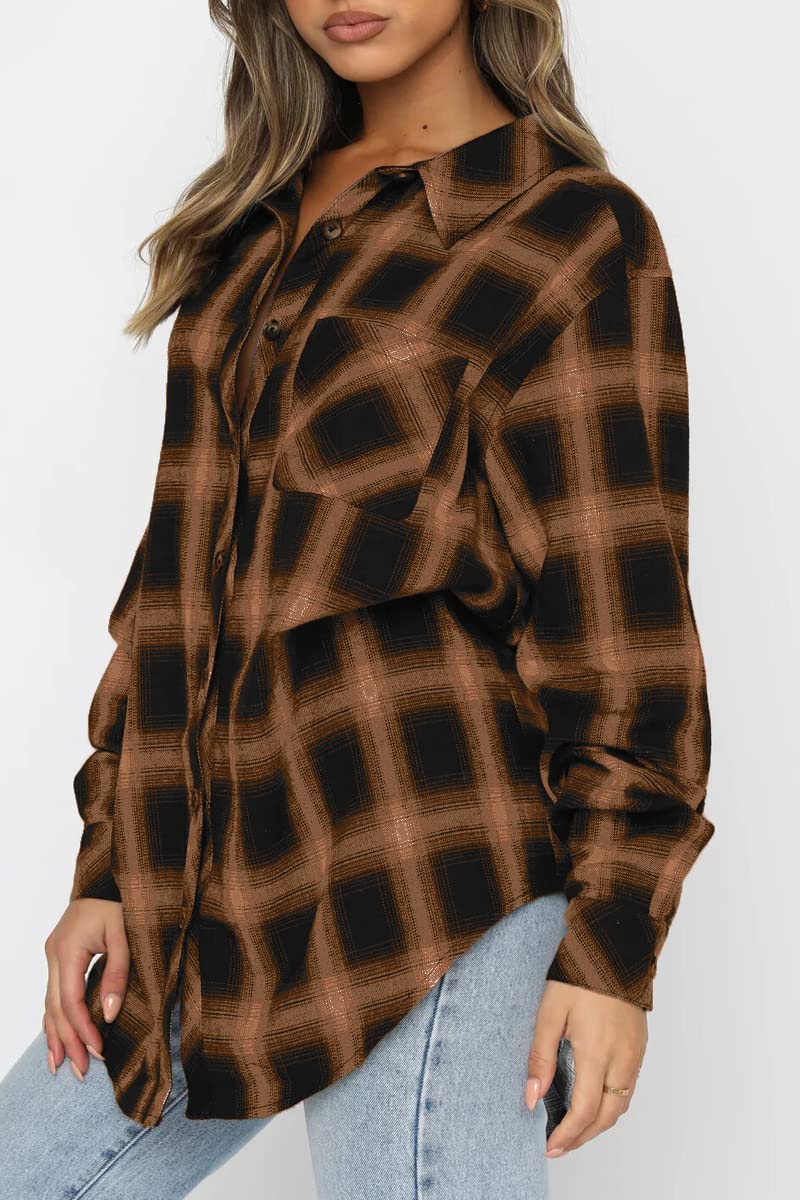 CHYRII Womens Button Down Flannel Shirts Long Sleeve Plaid Shacket Business Casual Tops Brown XL