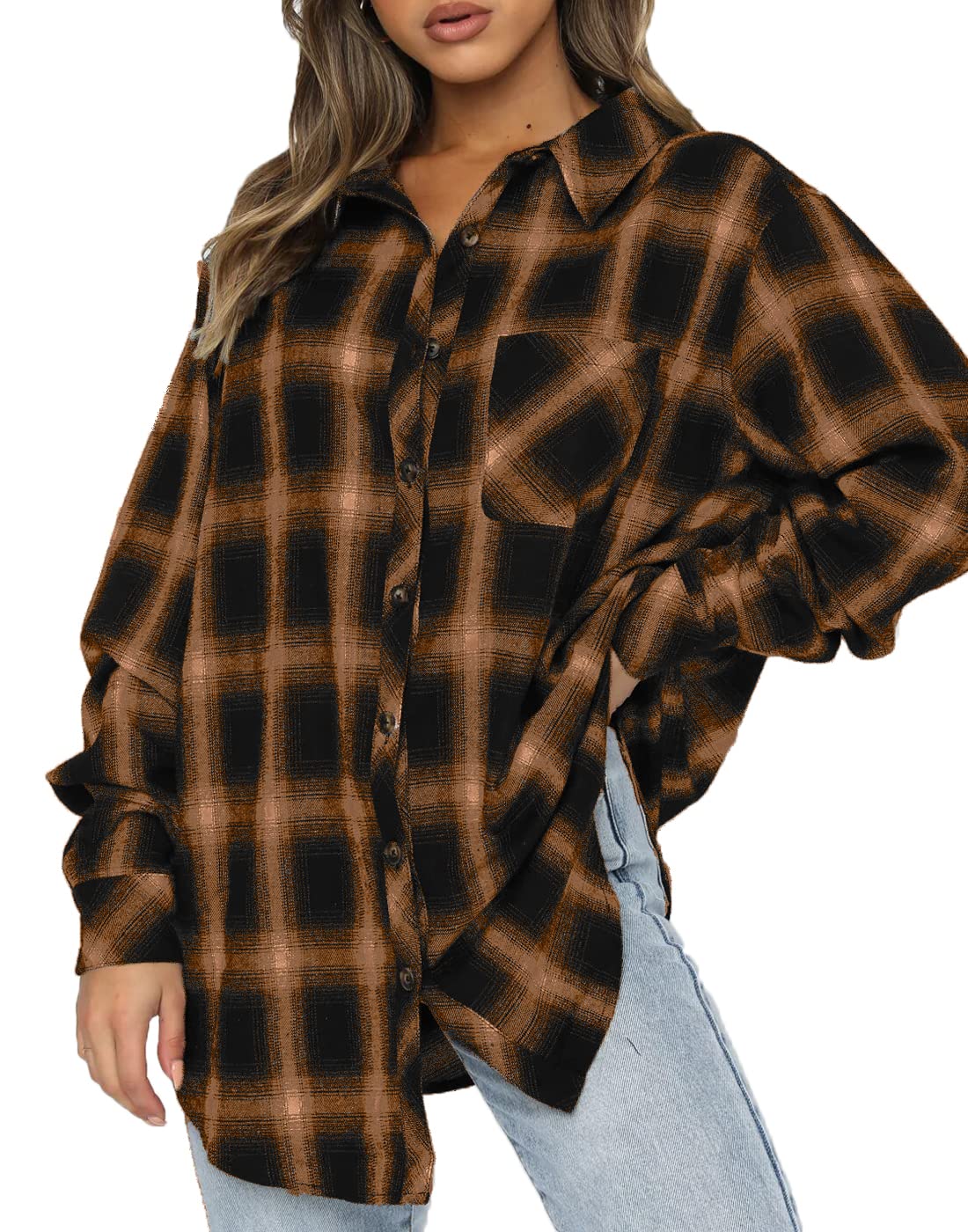 CHYRII Womens Button Down Flannel Shirts Long Sleeve Plaid Shacket Business Casual Tops Brown XL