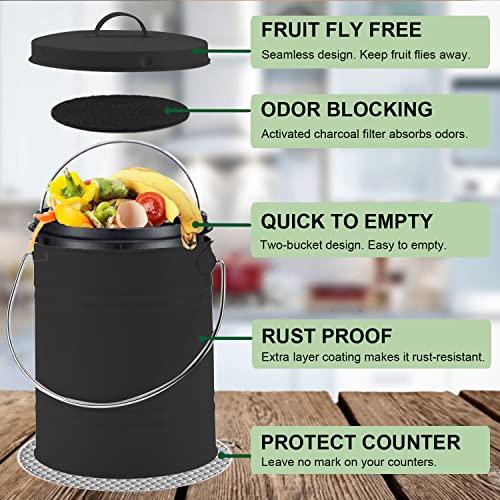 Compost Bin, LALASTAR Countertop Compost Bin with Lid, Kitchen Compost Container, Odorless Compost Bucket for Kitchen Food Waste with Carrying Handle, 1 Gallon, Black