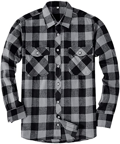 KUYIGO Men's Long Sleeve Plaid Flannel Casual Polo Shirts Button Down Regular Fit Shirt Grey&Black Medium