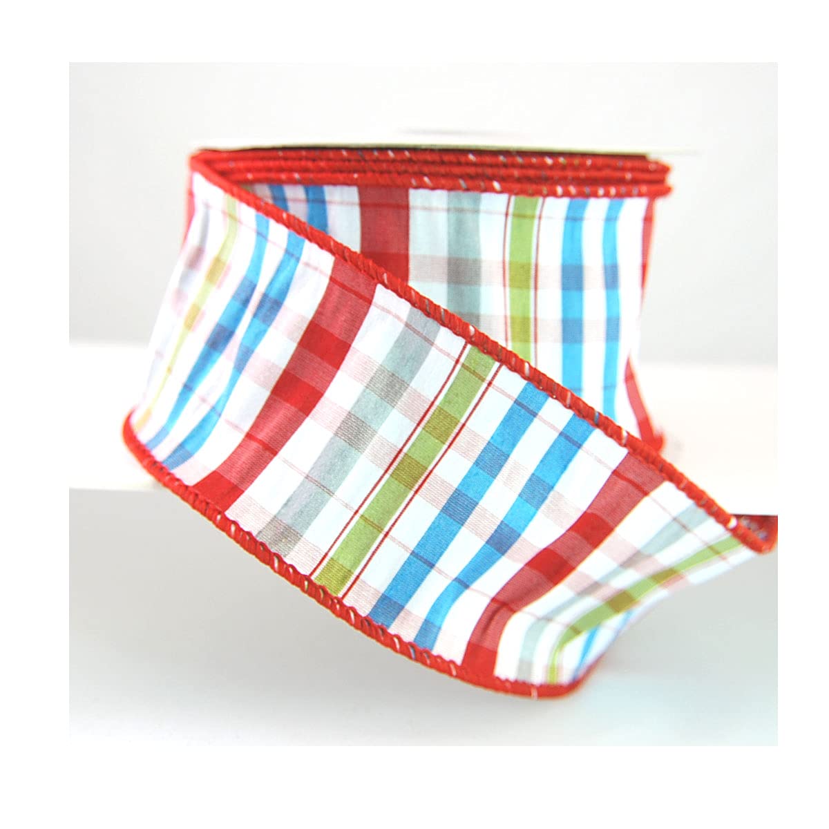 Wired Flambeau Multi Red, Olive, White and Light Blue Striped Dupioni Ribbon 2 1/2" - 10 Yards