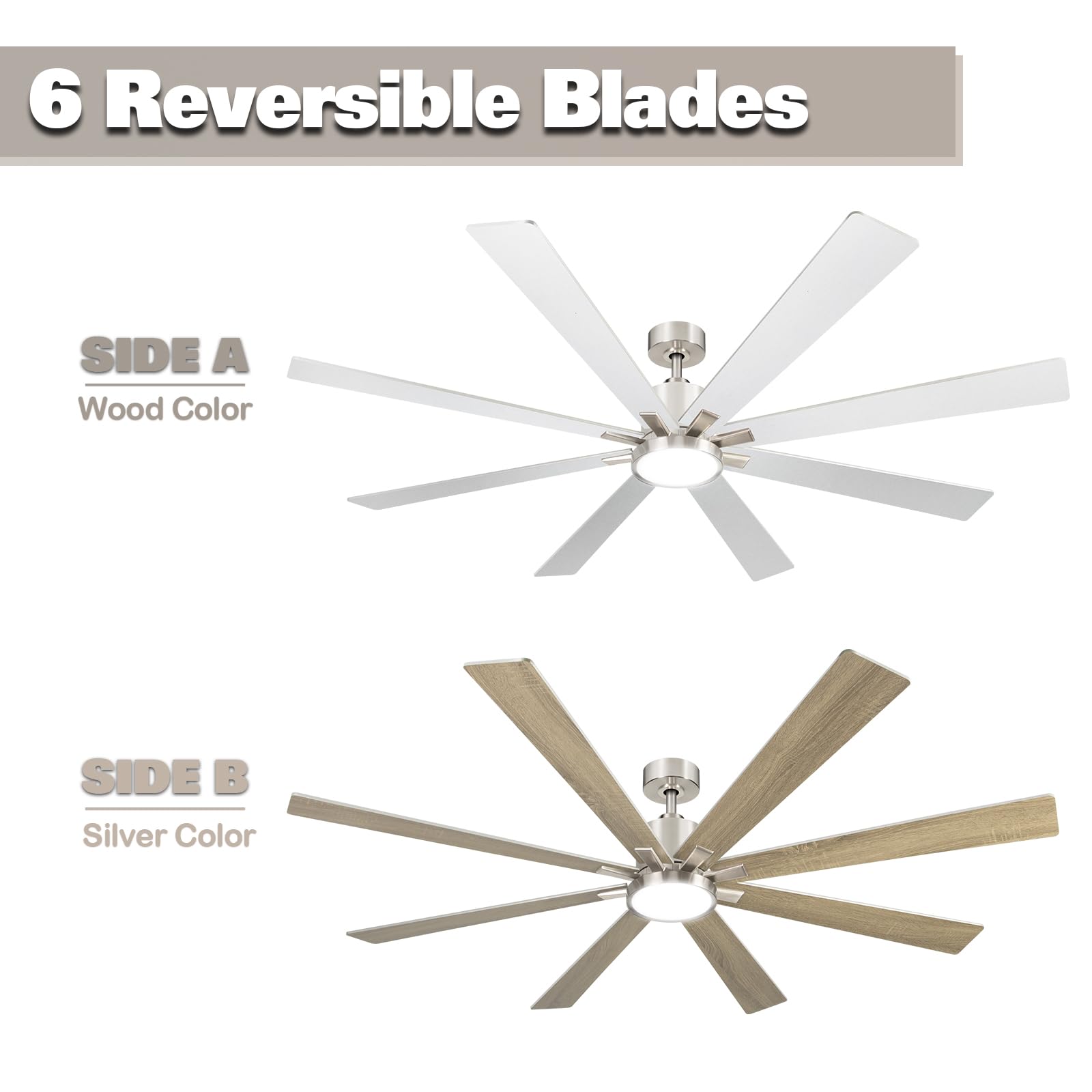 hykolity 72 Inch Indoor Ceiling Fans with Lights and Remote Control,Quiet Indoor Reversible DC Motor Ceiling Fan,8 Blades, Dimmable, 5CCT,6-Speed Ceiling Fan -Brushed Nickel