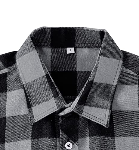 KUYIGO Men's Long Sleeve Plaid Flannel Casual Polo Shirts Button Down Regular Fit Shirt Grey&Black Medium