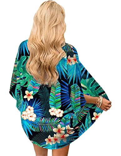Women Chiffon Kimono Cardigans Tropical Tops Hawaiian Shirts Summer Beach Sheer 3/4 Sleeve Leaf Print (Black, M)