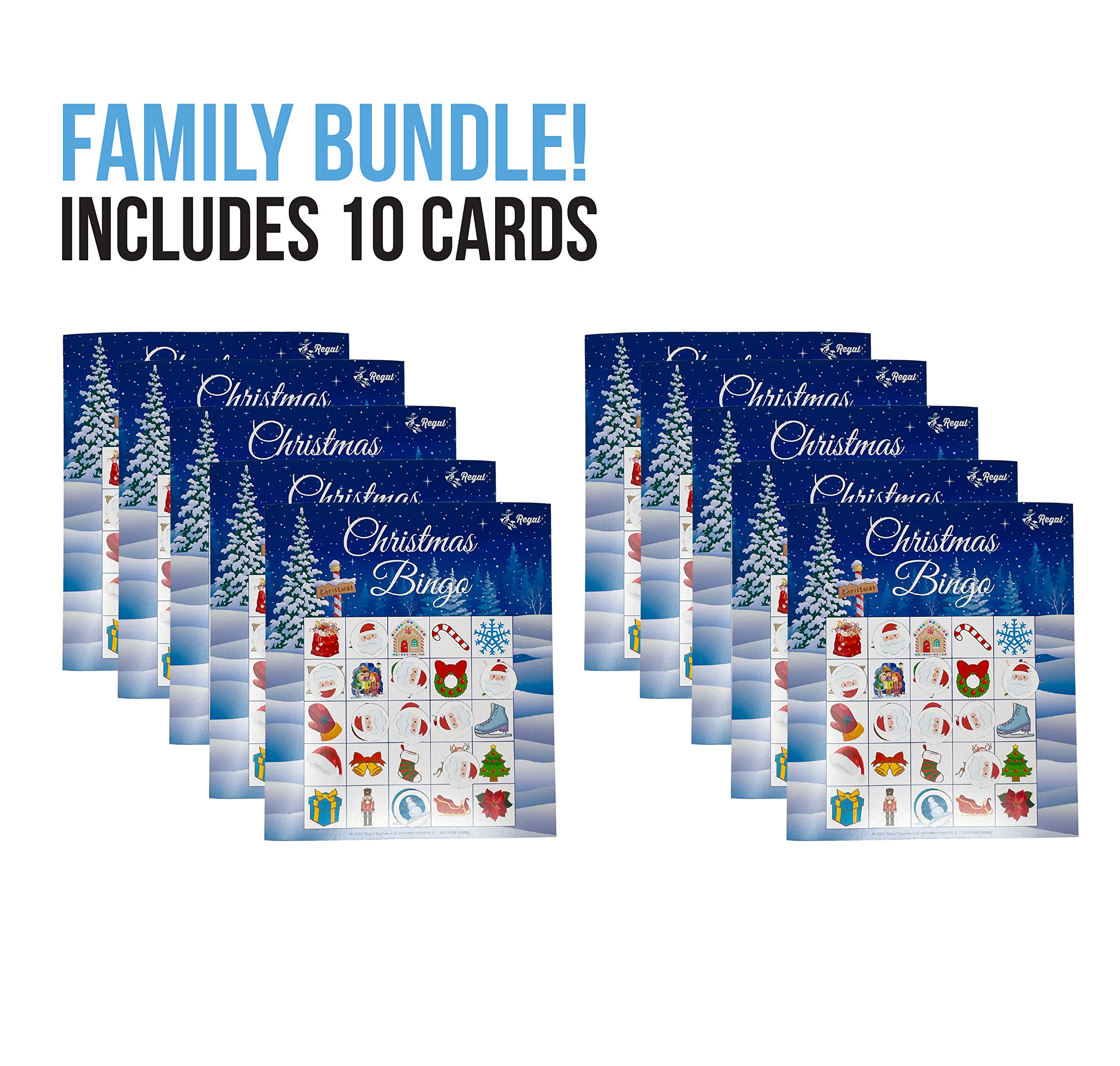 Regal Games - Holiday Bingo Set - Family Size Game Kit - Includes 10 Bingo Cards, 168 Bingo Marking Chips, 24 Calling Chips - 8” x 7” Cardstock