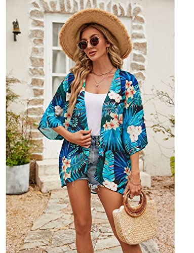 Women Chiffon Kimono Cardigans Tropical Tops Hawaiian Shirts Summer Beach Sheer 3/4 Sleeve Leaf Print (Black, M)