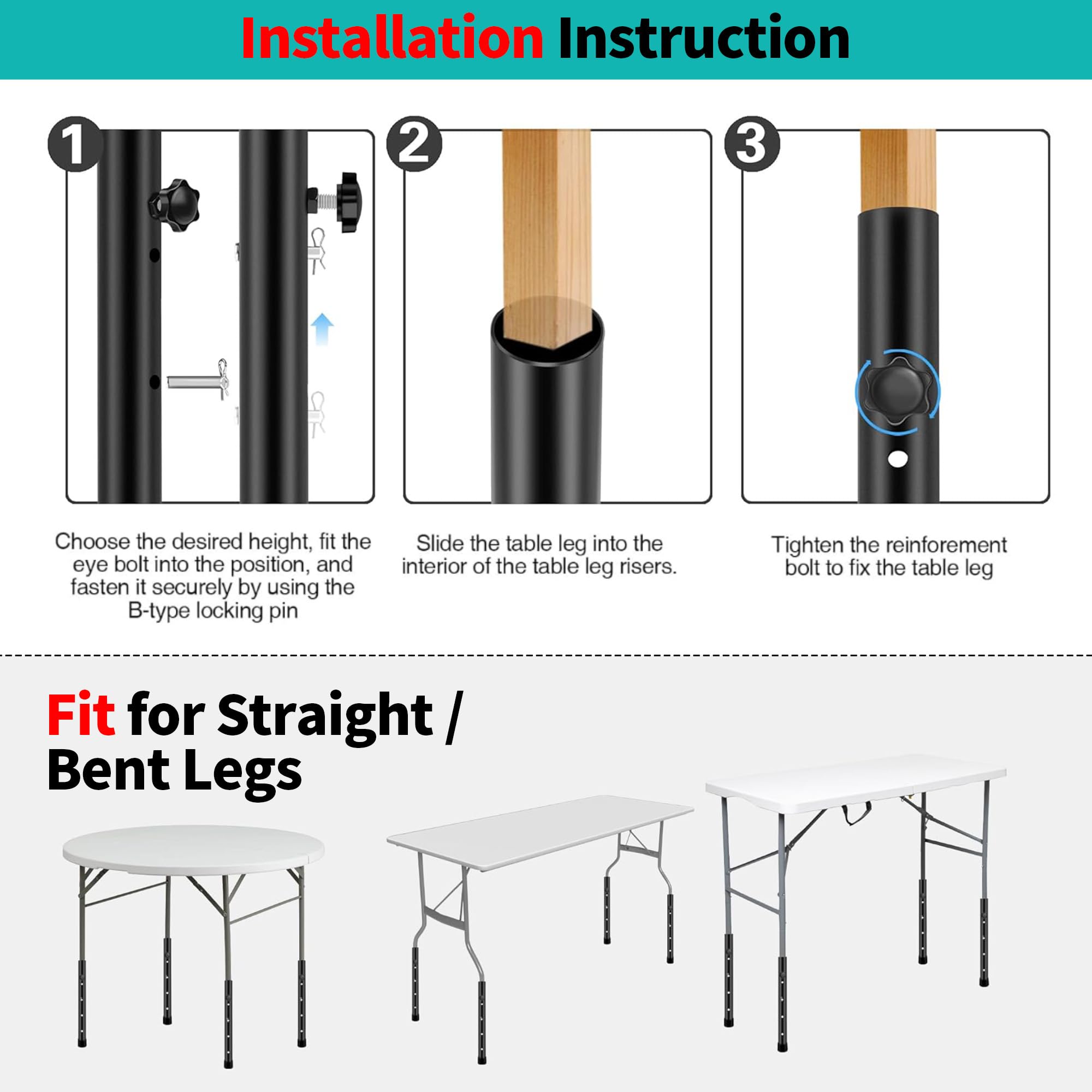 Herbert-fty Folding Table risers for Folding Tables Straight/Bent Leg, Dural Folding Table Leg Extensions 4 Levels/Heights Table Leg Extenders-All for Treating Your Back Pain(4-Pack)(17.3 in (44cm)