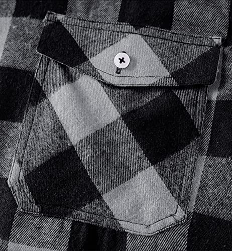 KUYIGO Men's Long Sleeve Plaid Flannel Casual Polo Shirts Button Down Regular Fit Shirt Grey&Black Medium