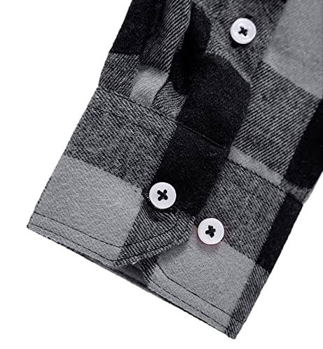 KUYIGO Men's Long Sleeve Plaid Flannel Casual Polo Shirts Button Down Regular Fit Shirt Grey&Black Medium