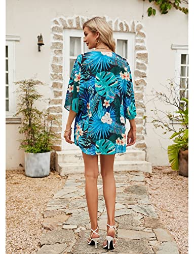 Women Chiffon Kimono Cardigans Tropical Tops Hawaiian Shirts Summer Beach Sheer 3/4 Sleeve Leaf Print (Black, M)