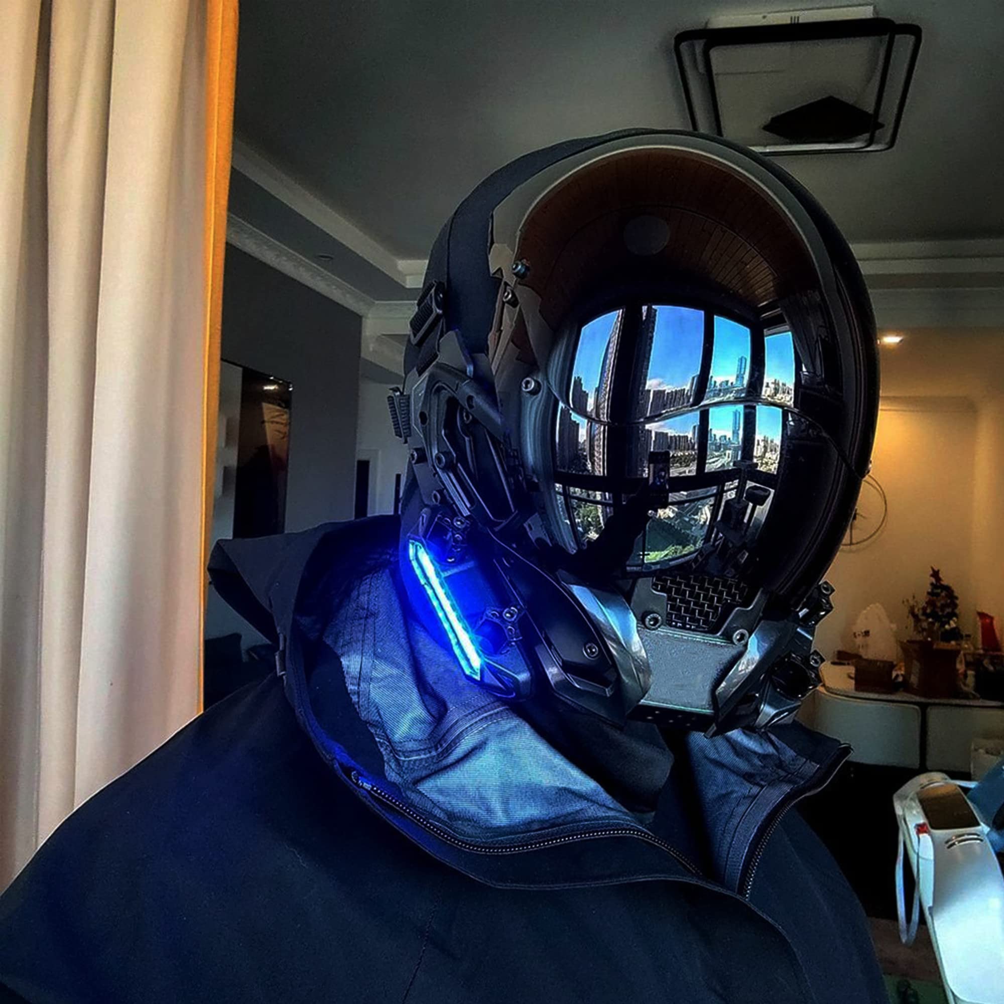 PDLING Punk Gothic Cyber Helmet Mask for Men,Techwear mask, Halloween Cosplay Costume Accessory with LED Light, Futuristic Helmet
