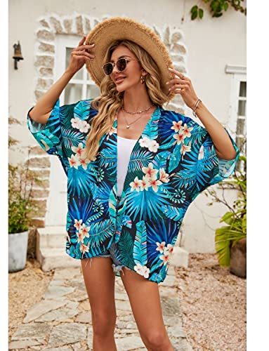 Women Chiffon Kimono Cardigans Tropical Tops Hawaiian Shirts Summer Beach Sheer 3/4 Sleeve Leaf Print (Black, M)