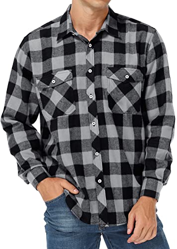 KUYIGO Men's Long Sleeve Plaid Flannel Casual Polo Shirts Button Down Regular Fit Shirt Grey&Black Medium