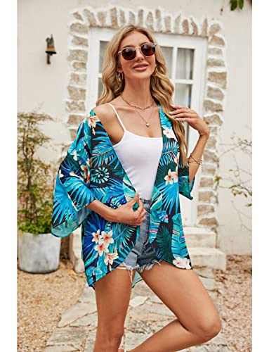 Women Chiffon Kimono Cardigans Tropical Tops Hawaiian Shirts Summer Beach Sheer 3/4 Sleeve Leaf Print (Black, M)