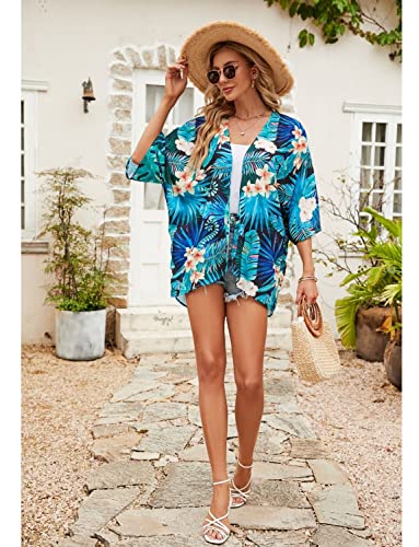 Women Chiffon Kimono Cardigans Tropical Tops Hawaiian Shirts Summer Beach Sheer 3/4 Sleeve Leaf Print (Black, M)