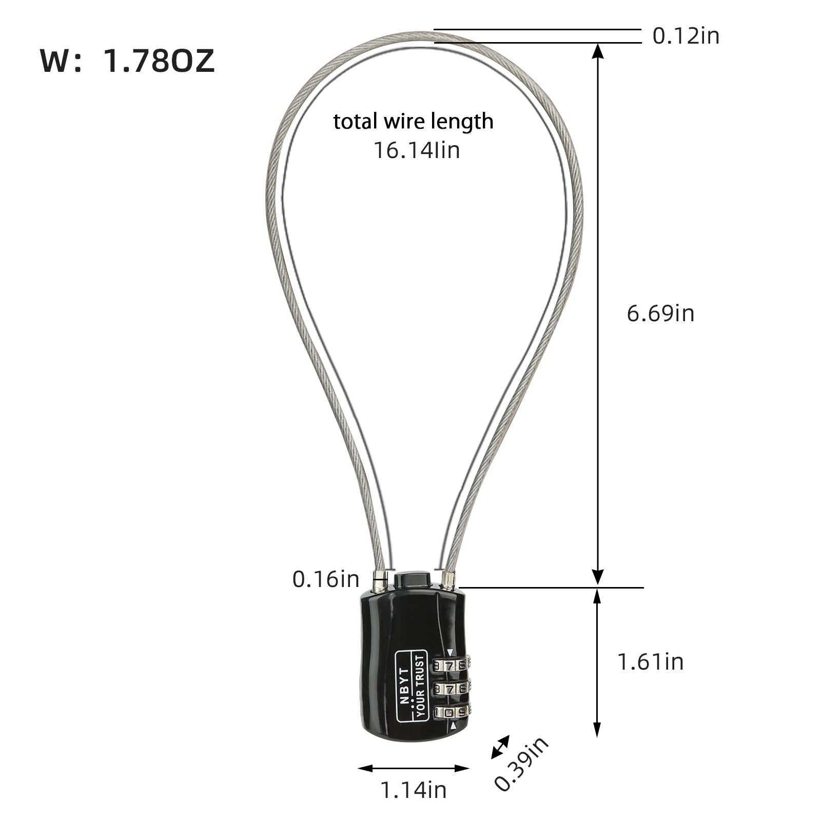NBYT Wire Combination Lock Padlock, Wire Diameter 3/24", 16" Circumference, Suitable for Travel Luggage, Backpack, Cycling Helmet, Small Cabinet, Gym Cabinet, Suitcase