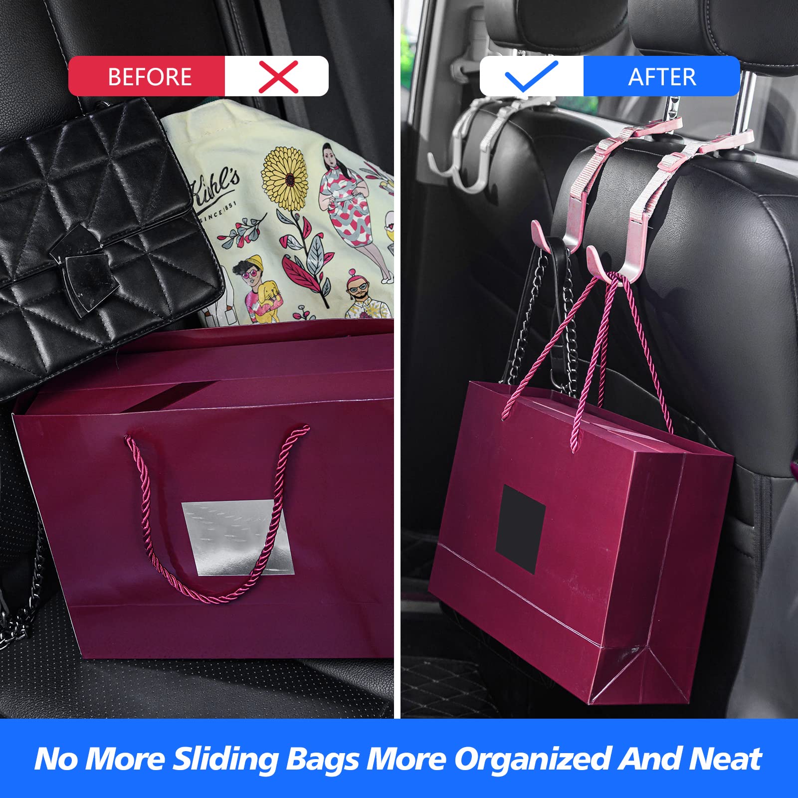 Flymic Adjustable Car Seat Headrest Hook, Universal Car Storage Headrest Hanger Holder Hooks Organizer, Vehicle Strong and Durable Backseat Hanger for Handbag Purse Coat 4 Pack Pink