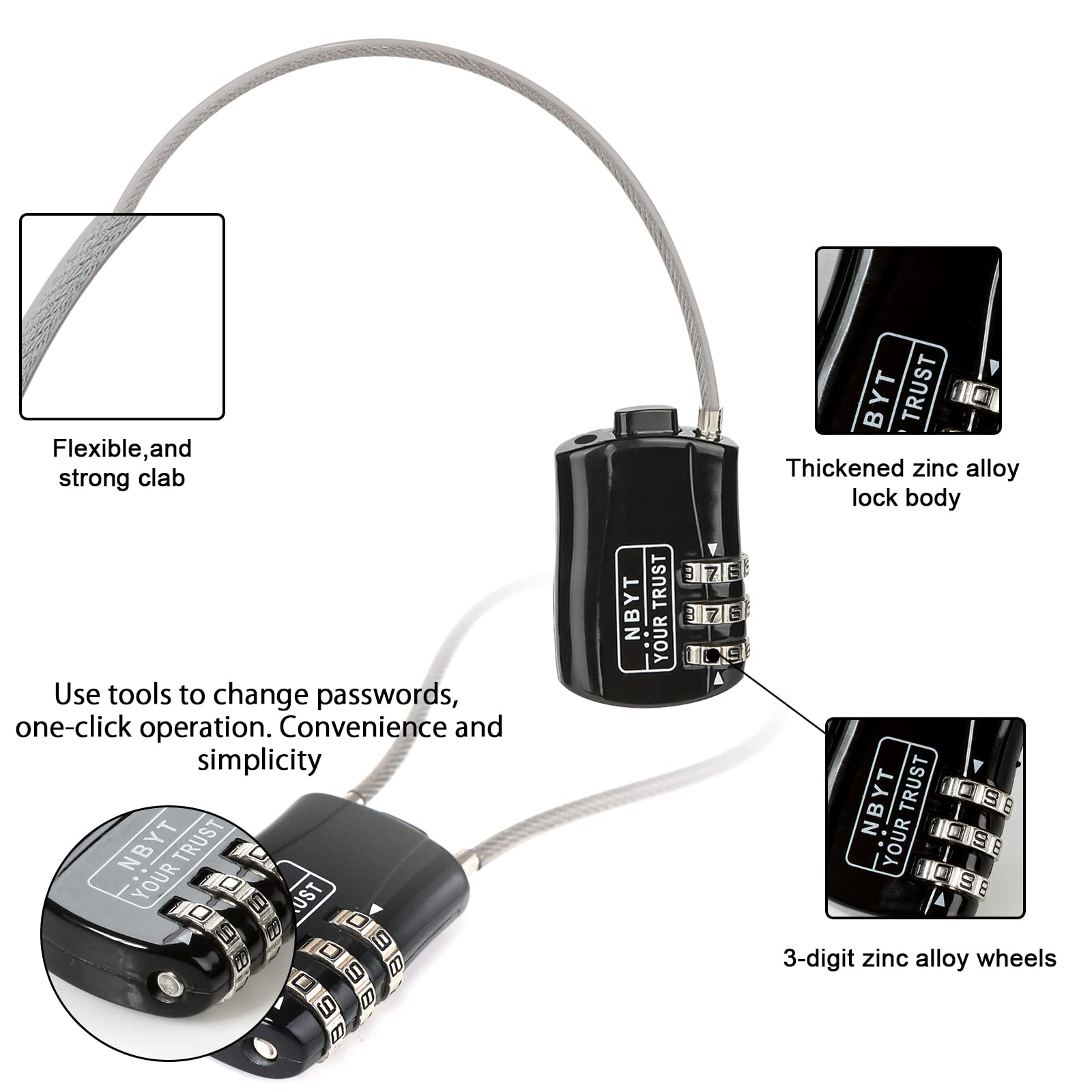 NBYT Wire Combination Lock Padlock, Wire Diameter 3/24", 16" Circumference, Suitable for Travel Luggage, Backpack, Cycling Helmet, Small Cabinet, Gym Cabinet, Suitcase