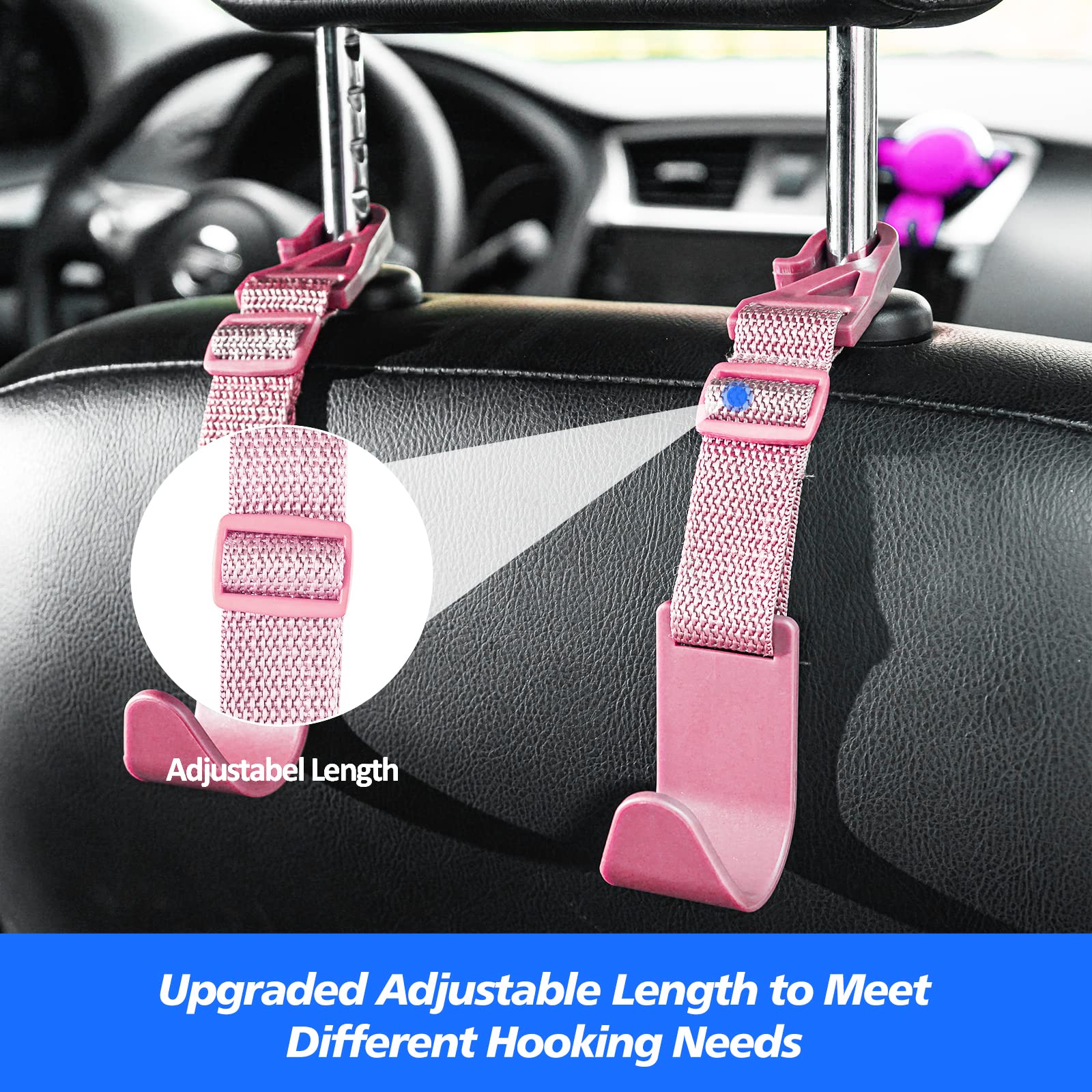 Flymic Adjustable Car Seat Headrest Hook, Universal Car Storage Headrest Hanger Holder Hooks Organizer, Vehicle Strong and Durable Backseat Hanger for Handbag Purse Coat 4 Pack Pink