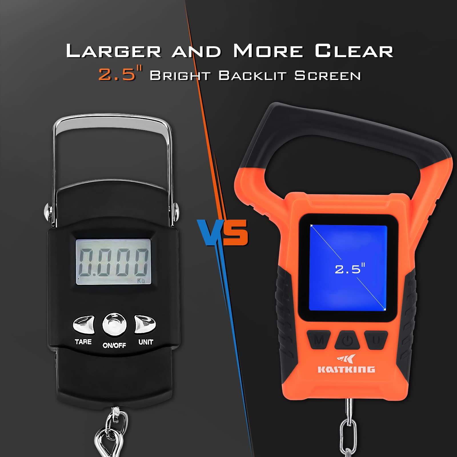 KastKing Fish Scale, WideView Floating Waterproof Digital Scale with No-Puncture Lip Gripper, 2.5” Large LCD Display, 110lb Capacity, Stores up to 9 Weights, Orange