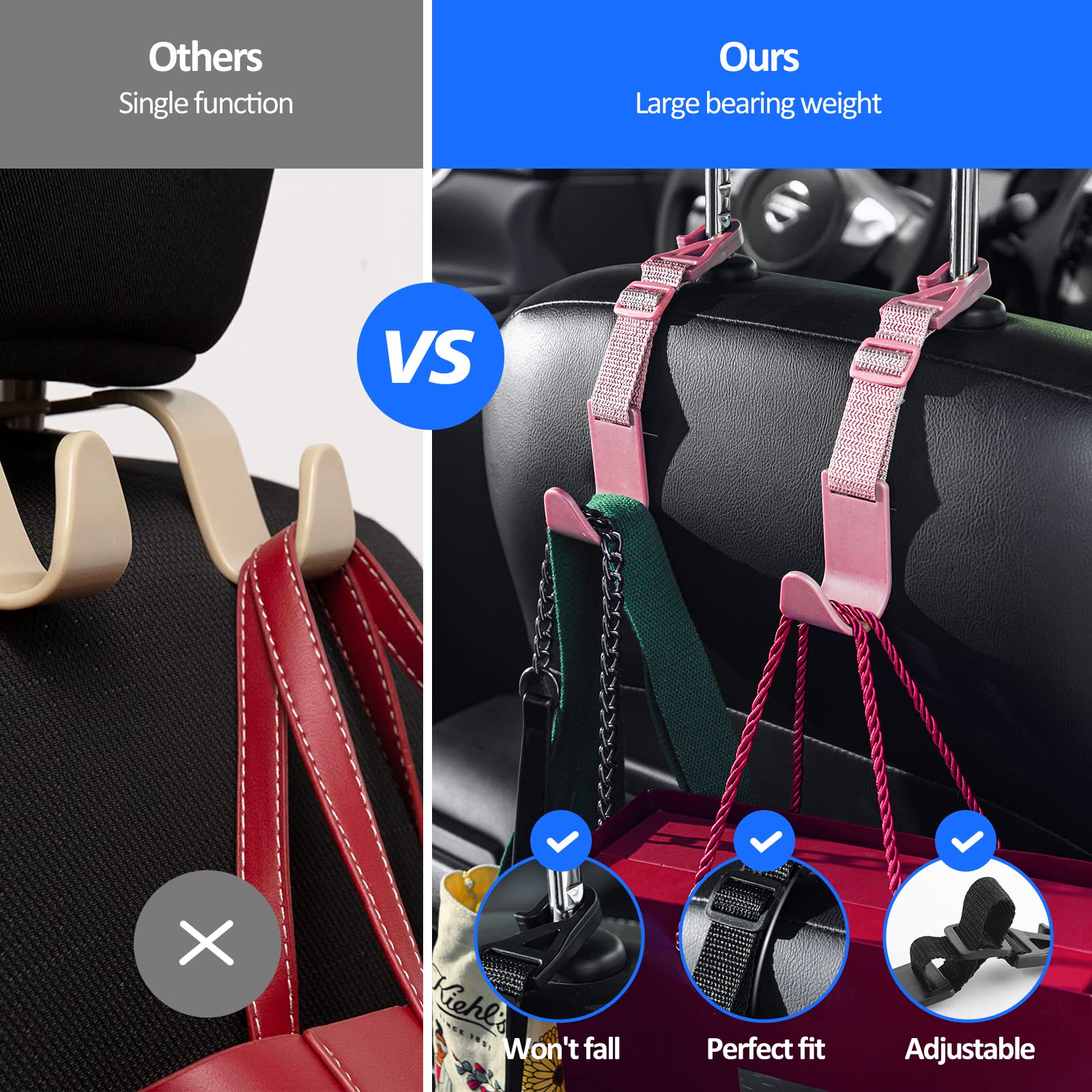 Flymic Adjustable Car Seat Headrest Hook, Universal Car Storage Headrest Hanger Holder Hooks Organizer, Vehicle Strong and Durable Backseat Hanger for Handbag Purse Coat 4 Pack Pink
