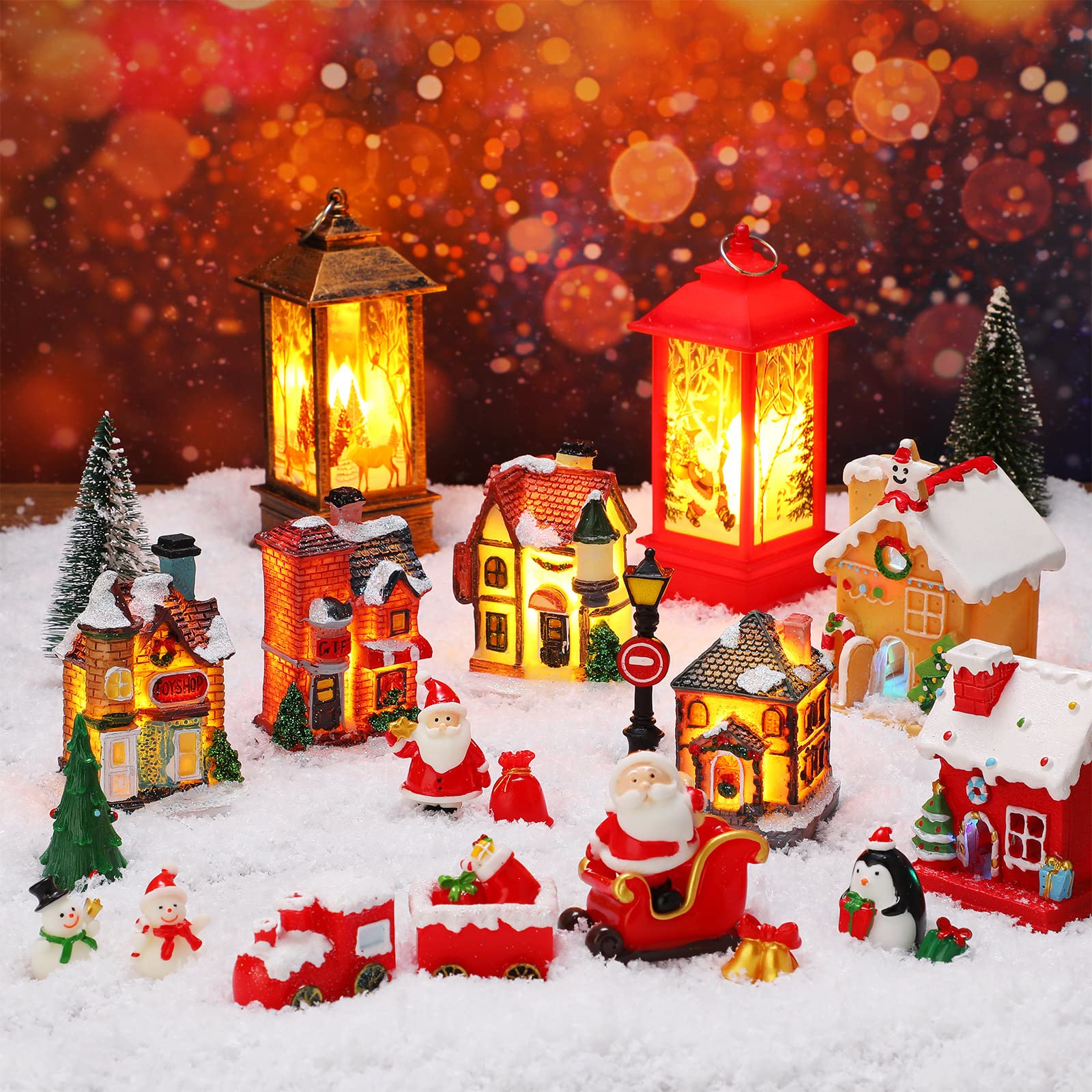 Jerify 26 Pieces Christmas Village Sets Lighted Christmas Village Houses Xmas Light up Decorations Mini Village Accessories Christmas Collectible Buildings for Xmas Winter Decorations