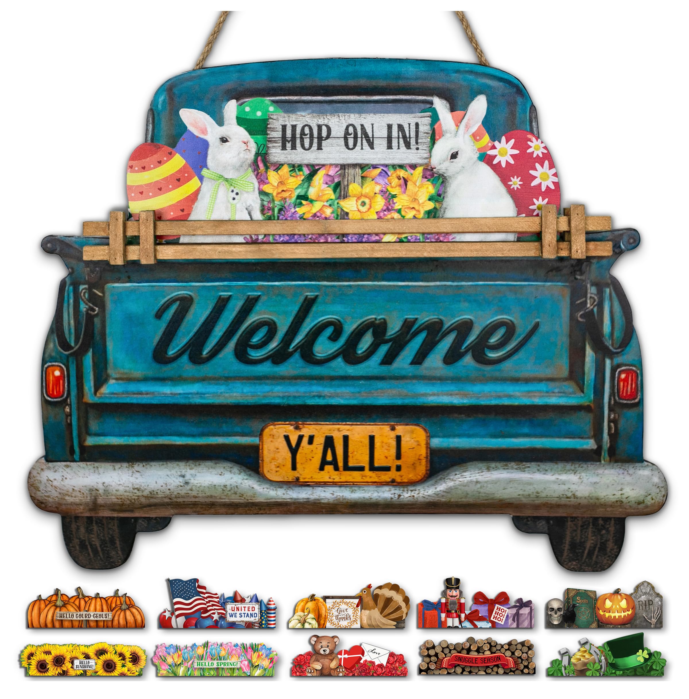 Interchangeable Welcome Sign for Front Door Blue Farmhouse Truck Decor Hanging Sign with 11 Interchangeable Seasonal and Holiday Decor Signs 12x14 in. (Blue Farmhouse Truck)