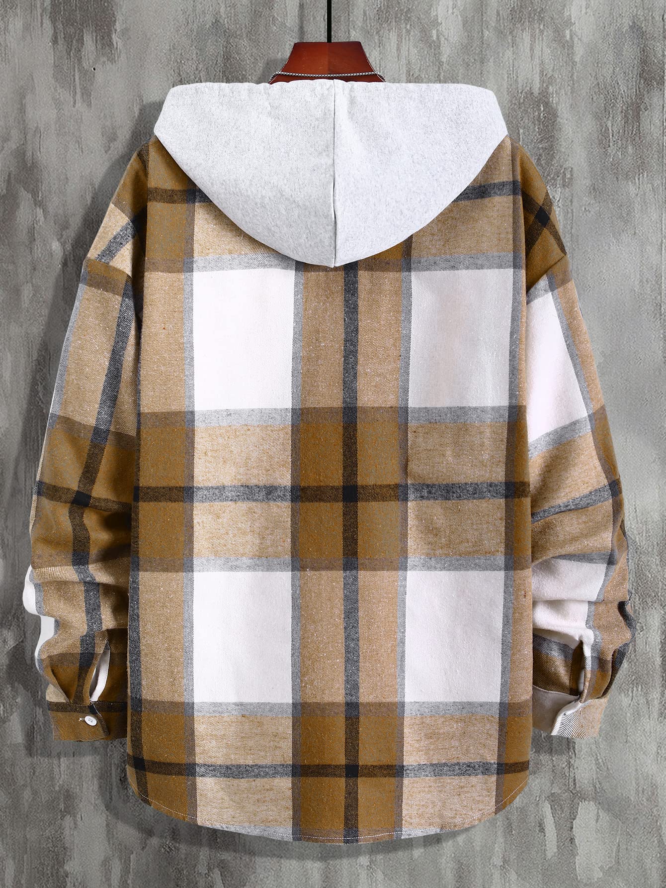 OYOANGLE Men's Casual Plaid Flannel Jacket with Hoodie Long Sleeve Button Down Shirt Brown Check L