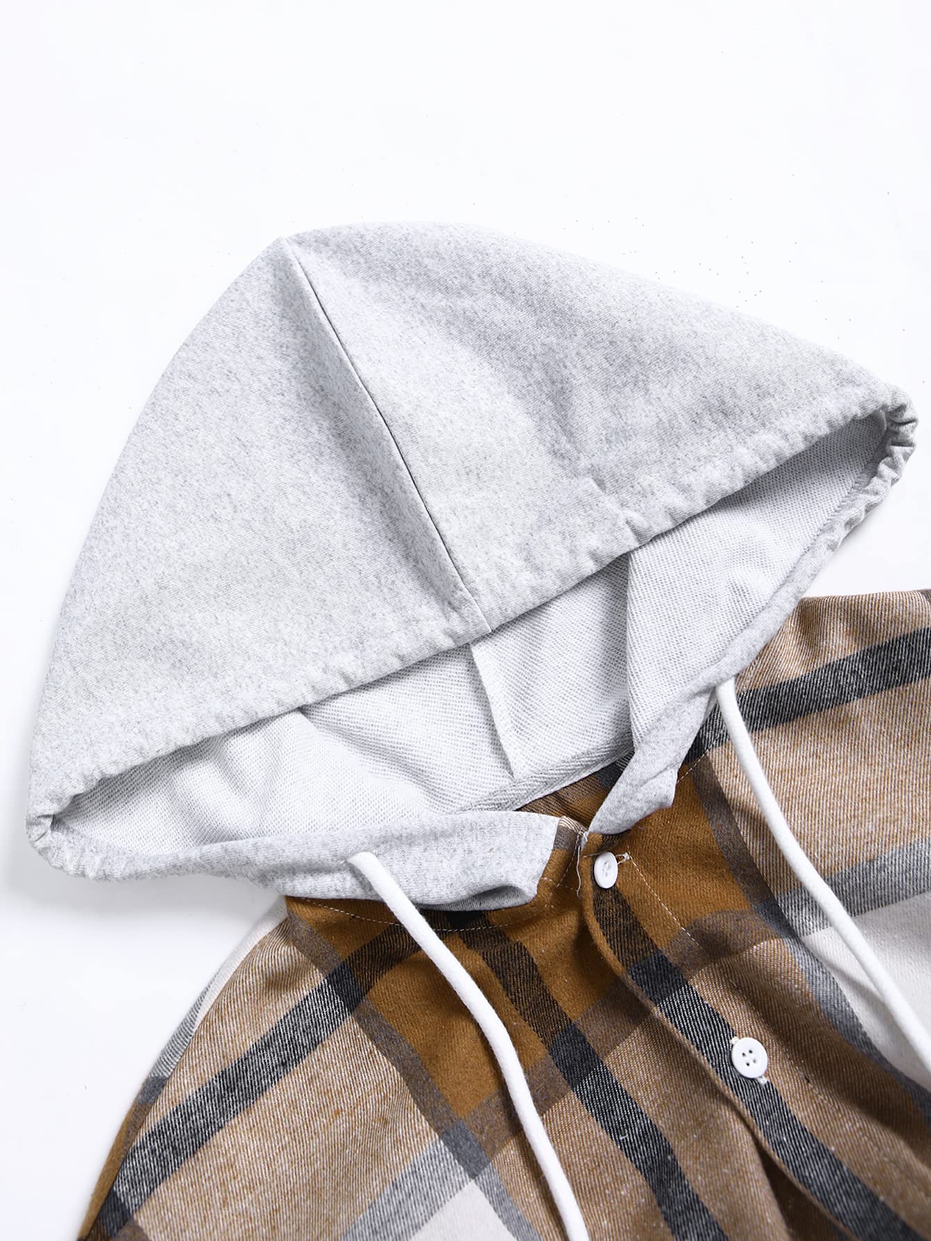 OYOANGLE Men's Casual Plaid Flannel Jacket with Hoodie Long Sleeve Button Down Shirt Brown Check L