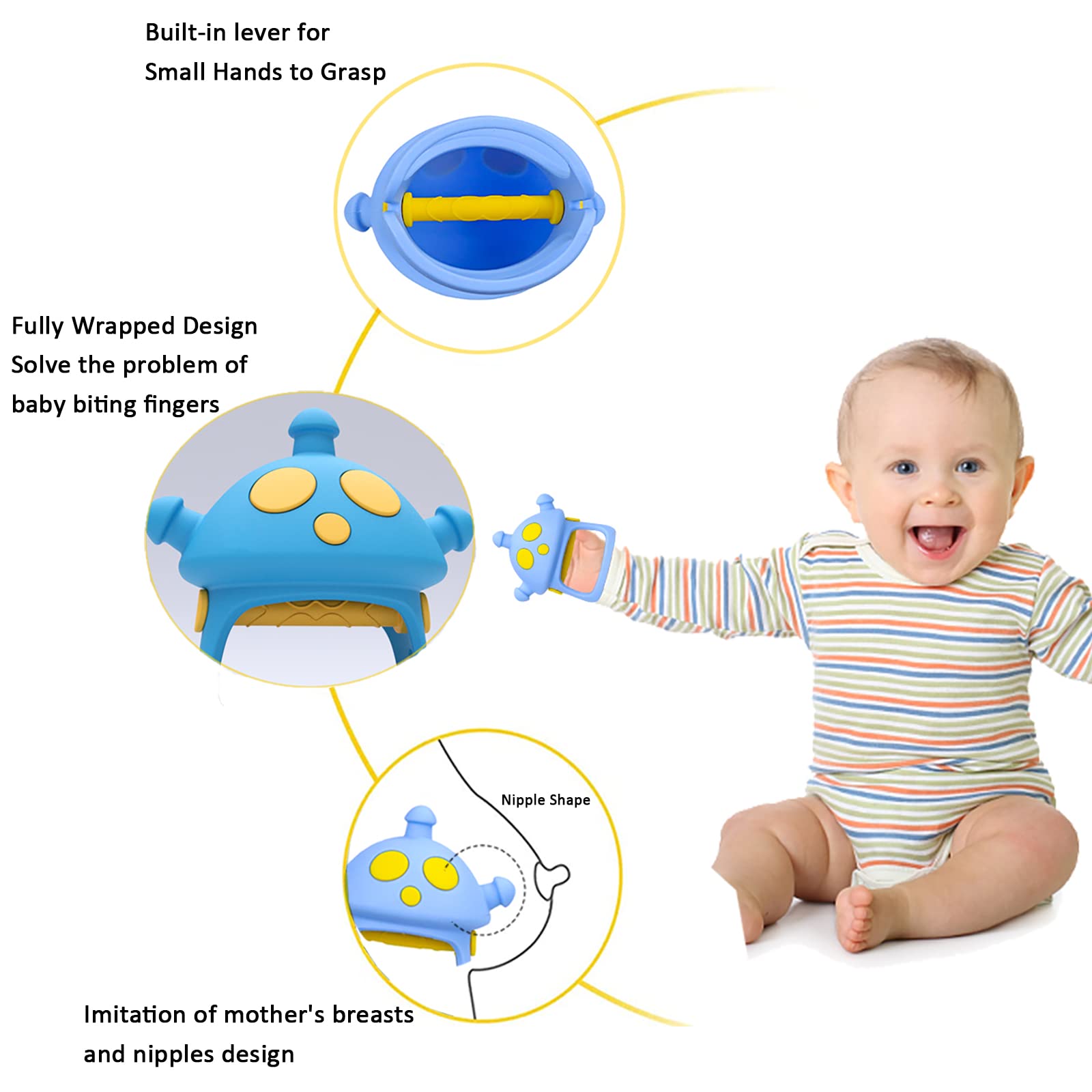 MUAECH Aliens Teething Toys for Babies 3-6 Months, Anti-Drop Silicone Baby Chew Toys for Sucking Needs, Baby Mitten Teether for Soothing Teething Pain Relief, BPA Free-Blue