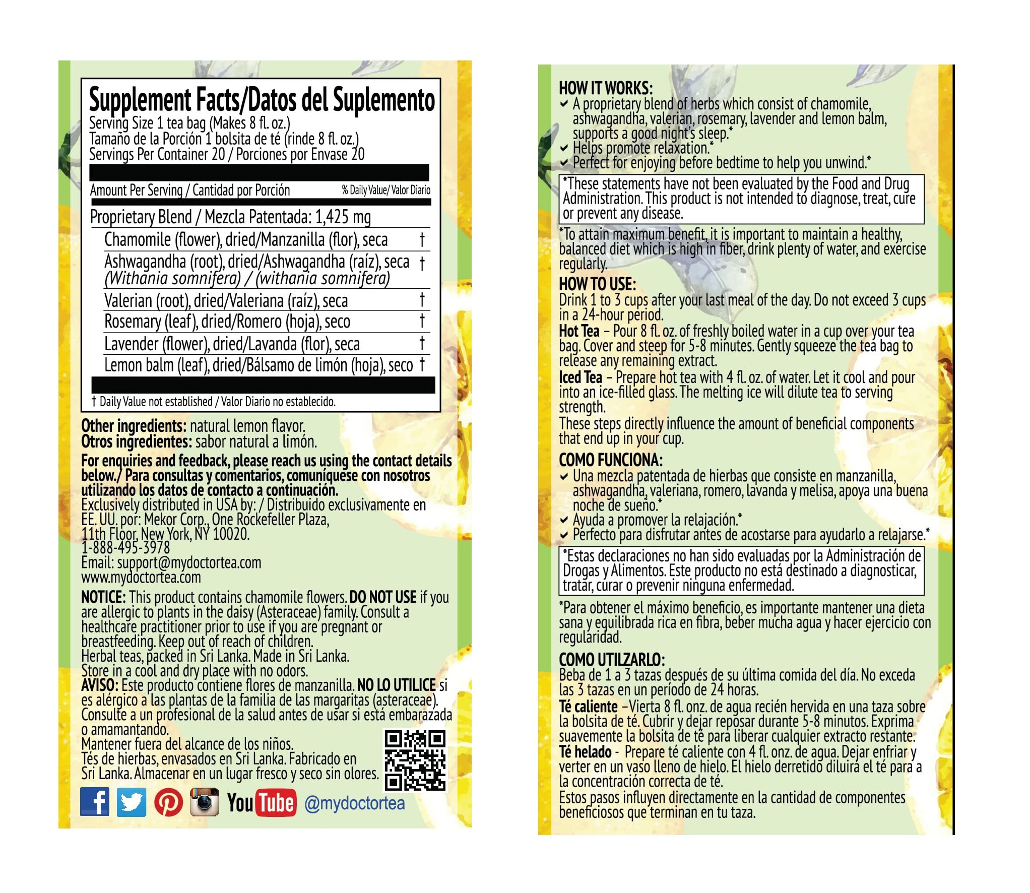 Dr. Tea Good Night Tea with Chamomile - Lemon Flavor - 20 Tea Bags