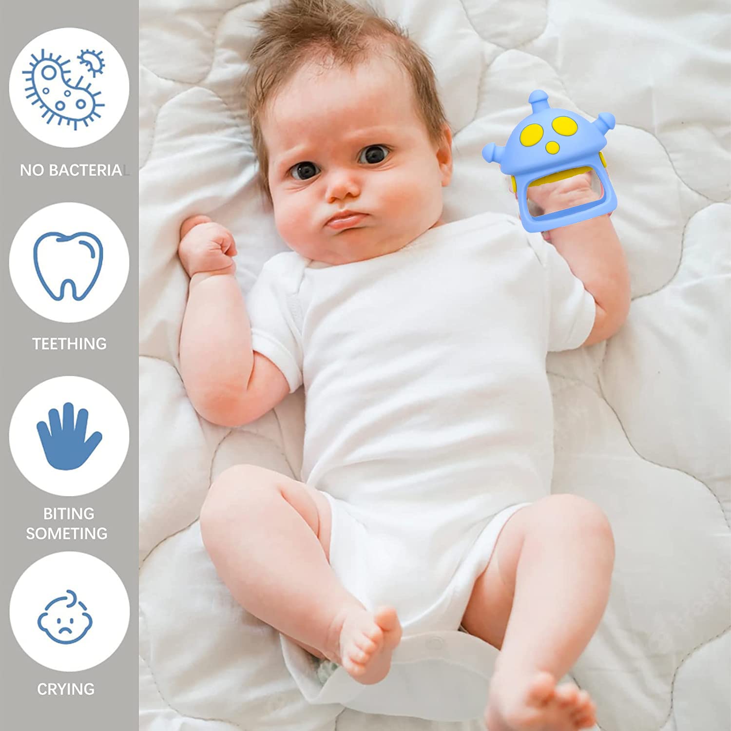 MUAECH Aliens Teething Toys for Babies 3-6 Months, Anti-Drop Silicone Baby Chew Toys for Sucking Needs, Baby Mitten Teether for Soothing Teething Pain Relief, BPA Free-Blue