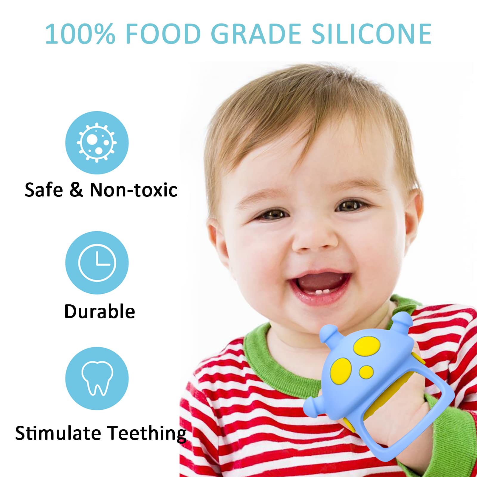 MUAECH Aliens Teething Toys for Babies 3-6 Months, Anti-Drop Silicone Baby Chew Toys for Sucking Needs, Baby Mitten Teether for Soothing Teething Pain Relief, BPA Free-Blue