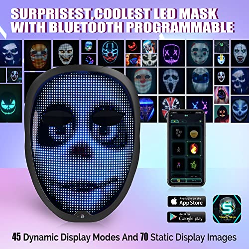 MEGOO Led Mask with Bluetooth Programmable,Ultra-light-thin Led Digital Light Up Face Mask for Halloween Rave Masquerade