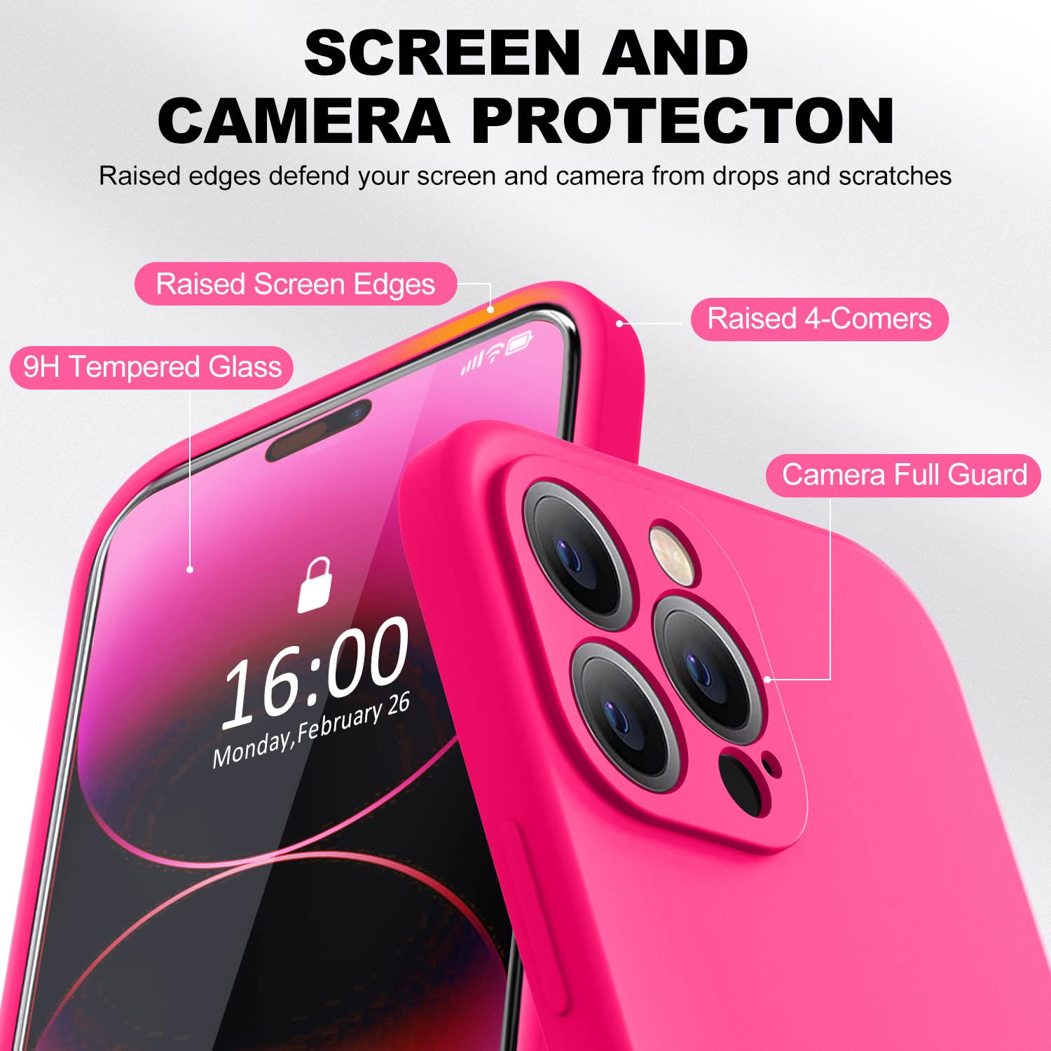 BossKiss Compatible with iPhone 14 Pro Max Case, Silicone Upgraded [Camera Protection] [2 Pcs 9H Screen Protector], Soft Anti-Scratch Microfiber Lining, 6.7 inch, Hot Pink