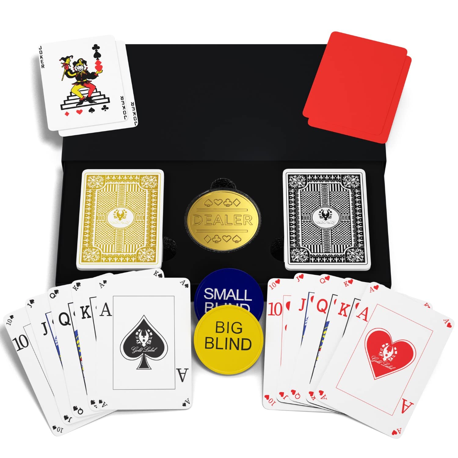 Gold Label Casino Poker PEEK Playing Cards - 100% Plastic Waterproof, Flexible PVC Standard Cards, Black/Gold Double-Deck Set, with Gold Dealer, Small and Big Blind Button, and Red Plastic Cut Cards