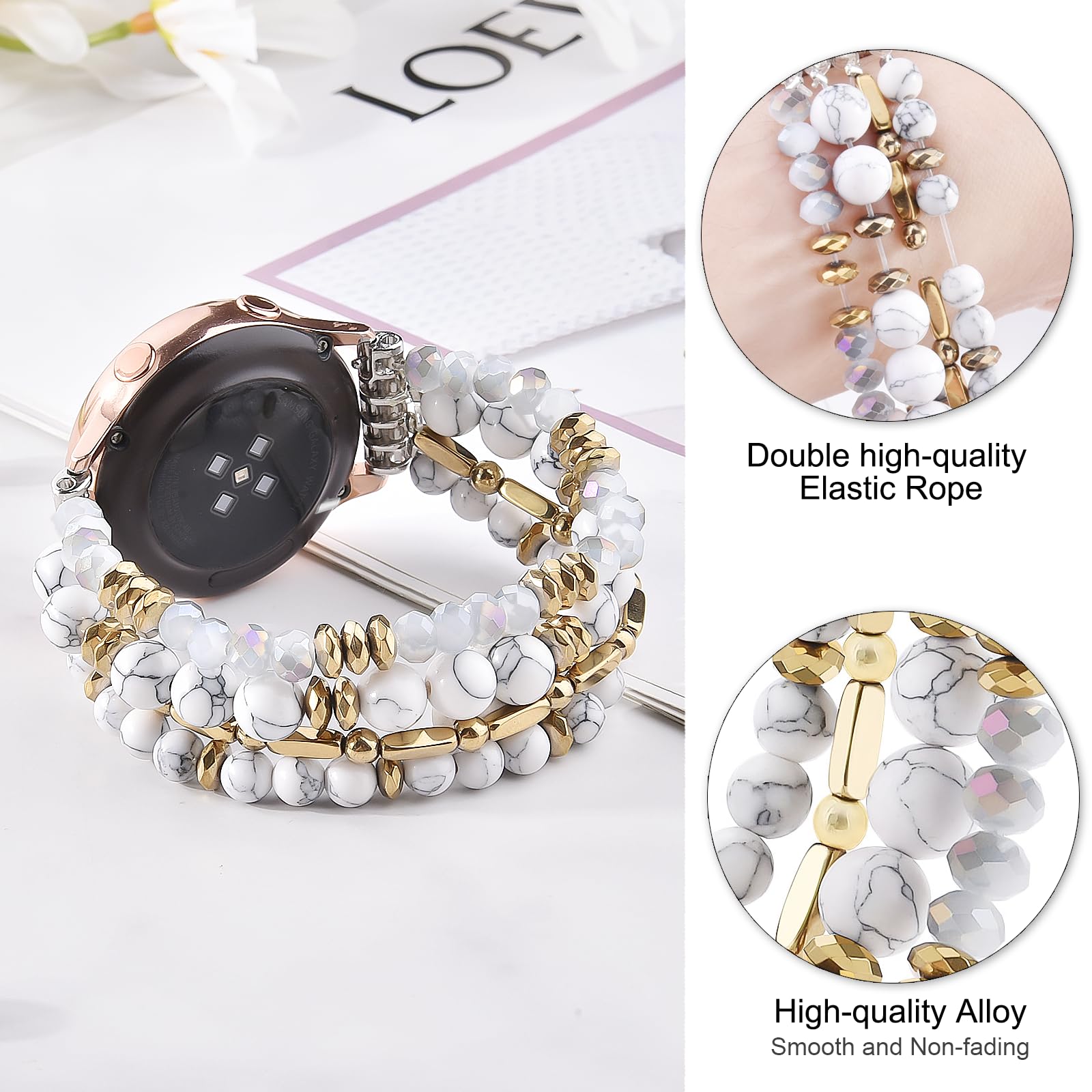 VISOOM Beaded Boho Bracelet Compatible for Samsung Galaxy Watch 7/6/5/4 40/44mm Bands/Active 2 Watch 4 Classic 42mm Band Women, 20mm Handmade Cute Elastic Crystal Beads Bracelet for Galaxy Watch 5 pro