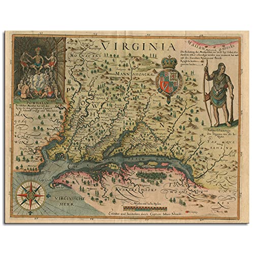 John Smiths Map VIRGINIA 1627 Vintage Map Canvas Prints Poster Wall Art For Home Office Decorations Unframed 10"x8"