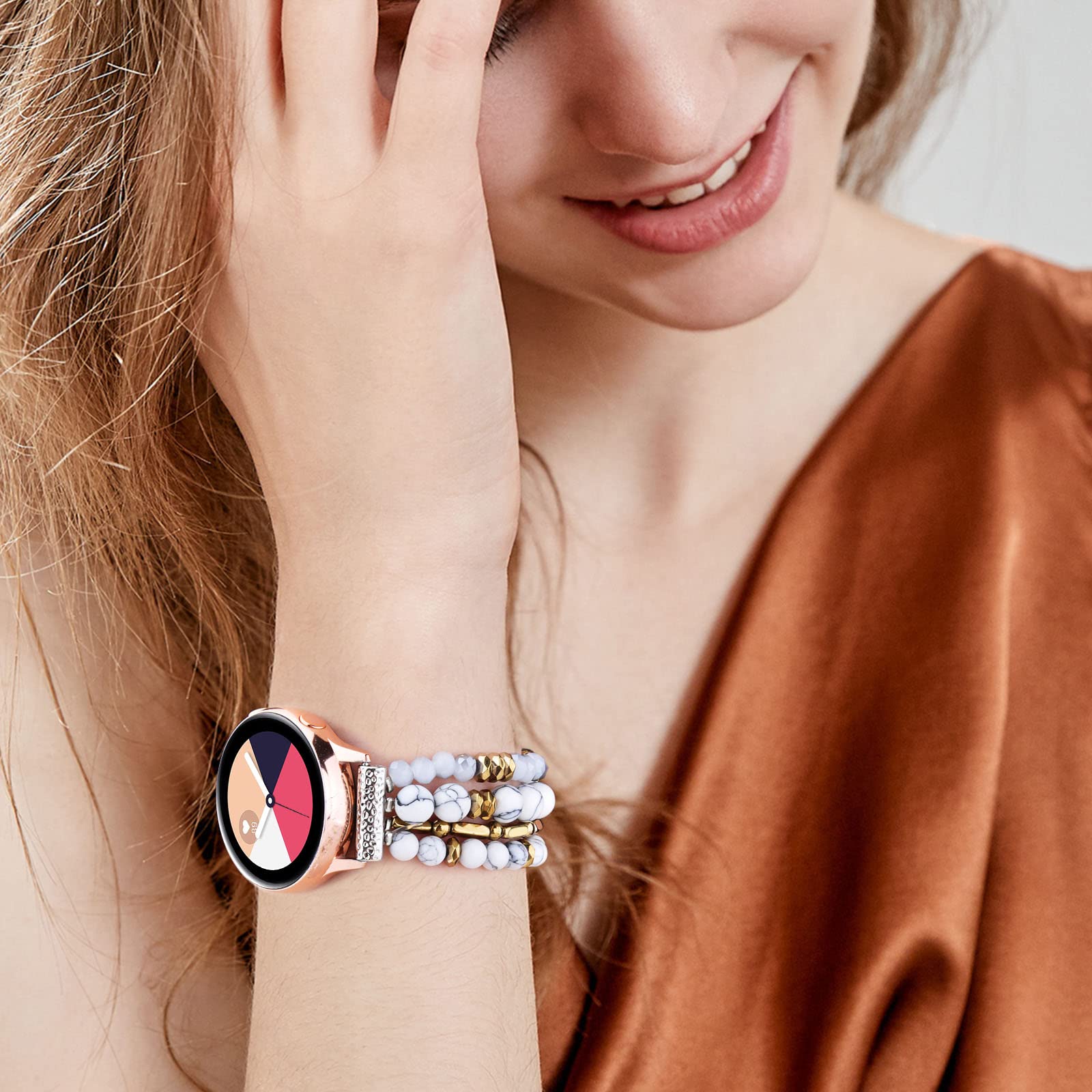 VISOOM Beaded Boho Bracelet Compatible for Samsung Galaxy Watch 7/6/5/4 40/44mm Bands/Active 2 Watch 4 Classic 42mm Band Women, 20mm Handmade Cute Elastic Crystal Beads Bracelet for Galaxy Watch 5 pro
