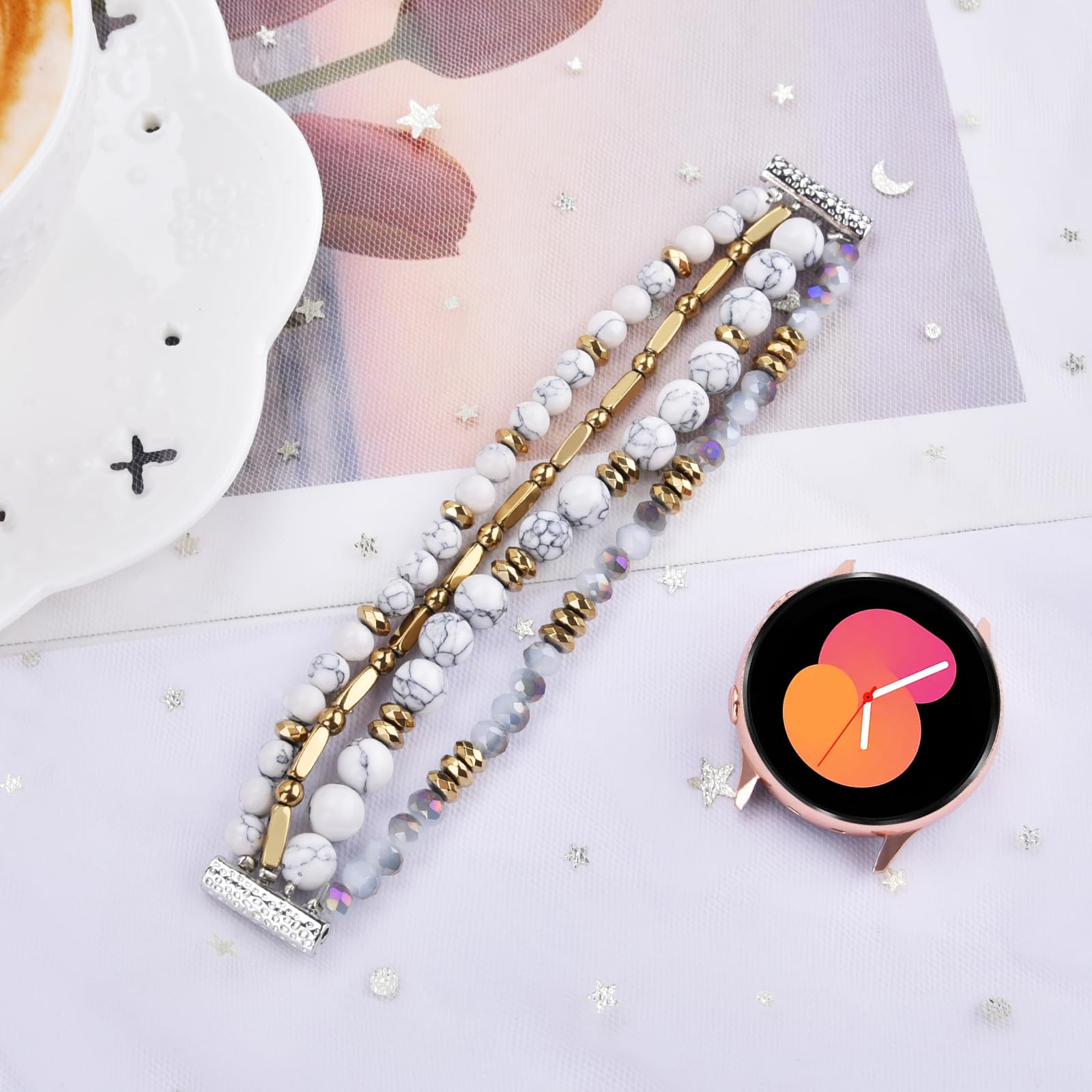 VISOOM Beaded Boho Bracelet Compatible for Samsung Galaxy Watch 7/6/5/4 40/44mm Bands/Active 2 Watch 4 Classic 42mm Band Women, 20mm Handmade Cute Elastic Crystal Beads Bracelet for Galaxy Watch 5 pro