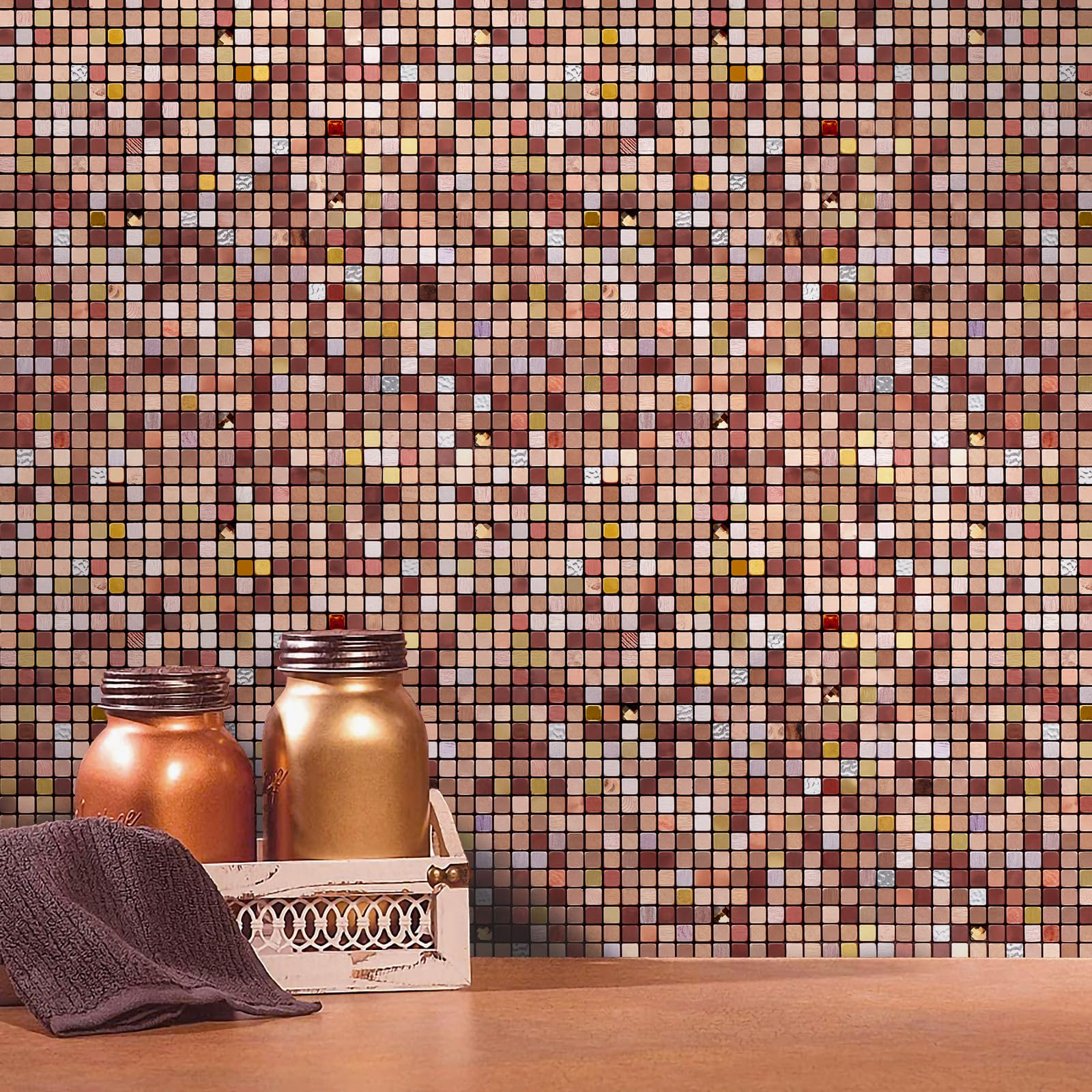HomeyMosaic 10-Sheet Peel and Stick Backsplash Tile Stick on Kitchen Bathroom Fireplace Plaid Glass in Gradient Copper